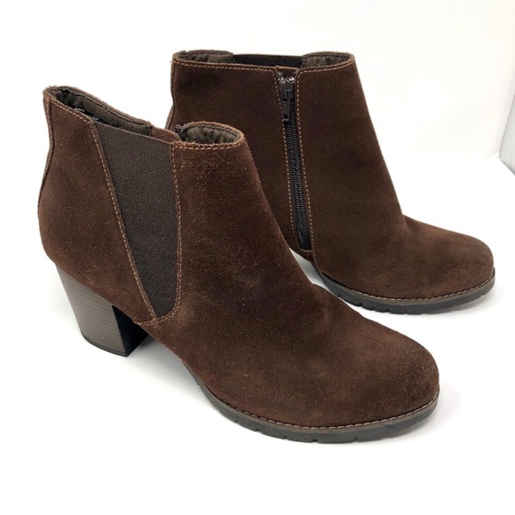 Clarks | Shoes | Clarks Brown Suede Leather Ankle Boots Heels | Poshmark